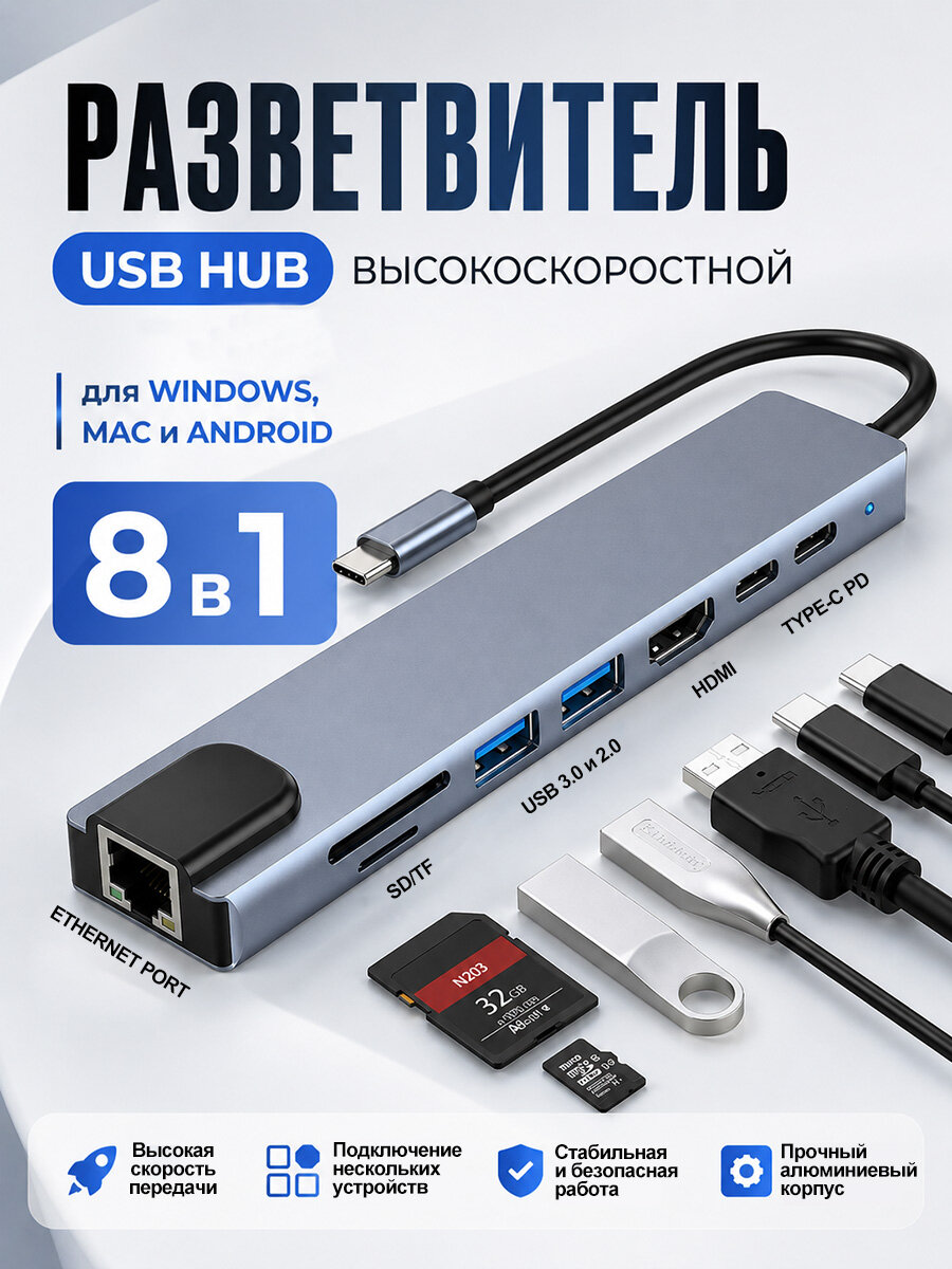 USB хаб 3.0/ USB разветвитель на 8 портов/ USB концентратор/ USB 3.0 Hub: USB, Type-C, HDMI, Ethernet, microSD, SD. Разветвитель, картридер для ноутбука macbook