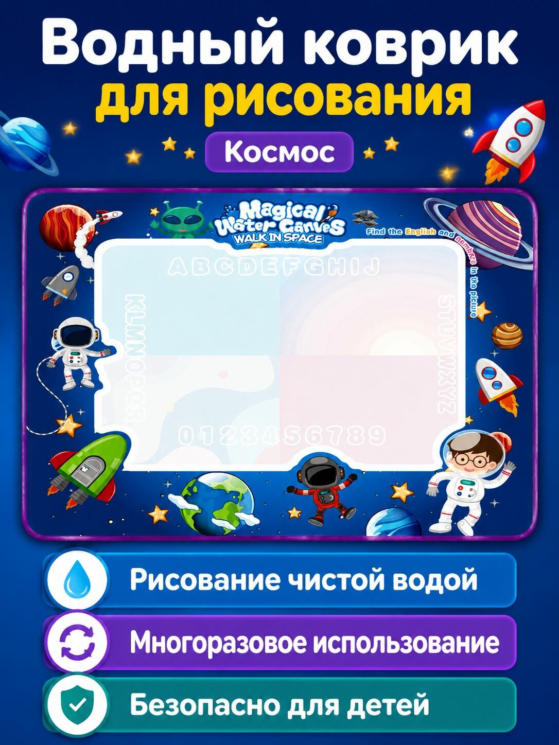 Набор для рисования водой 100x80 см: коврик с темой Космос , 3 кисти, 2 шаблона из EVA, набор штампов и книга для детей развивающая игра творчество рисование водой