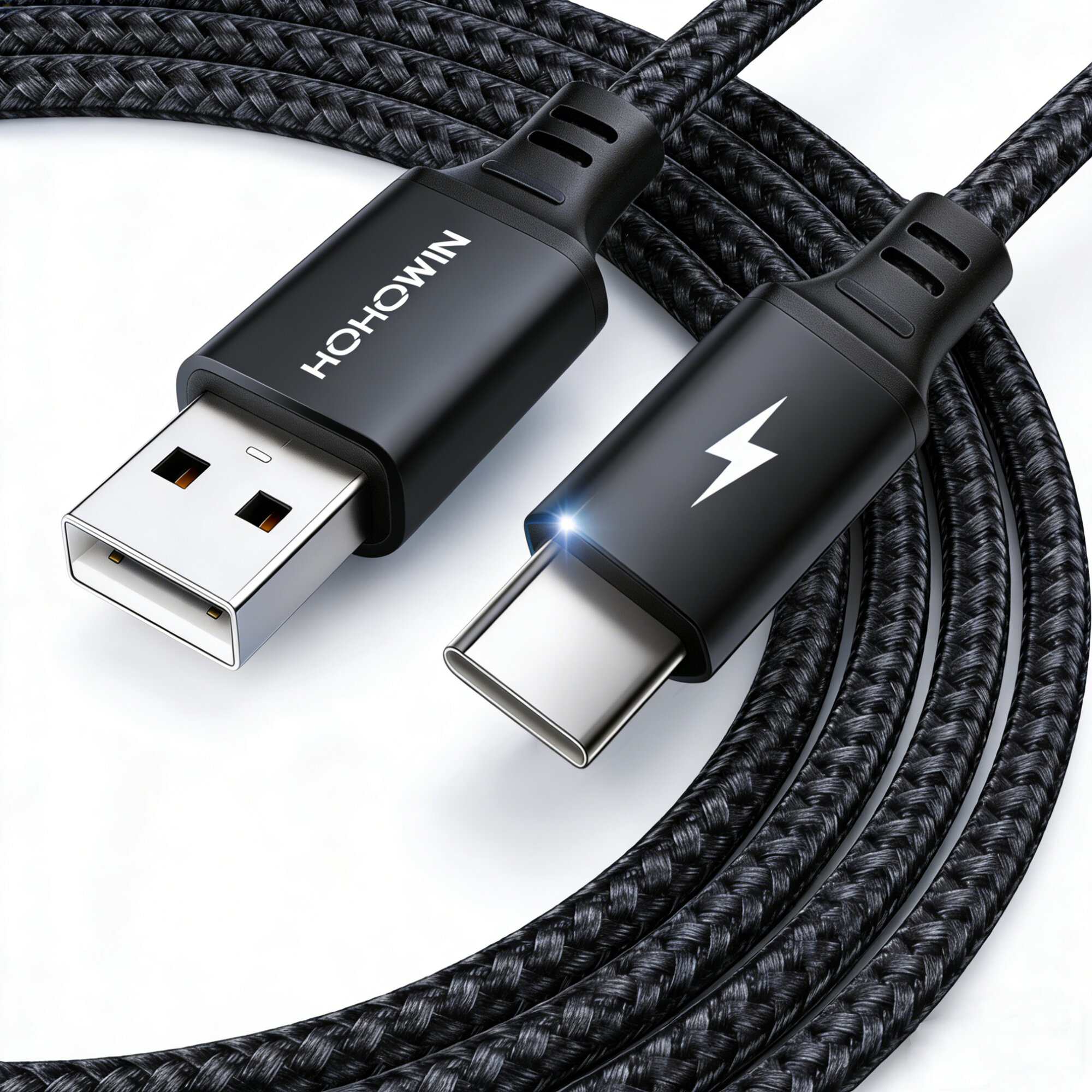Кабель USB-A - USB-C быстрой зарядки, нейлоновая оплетка, 2 м, черный, для Android-смартфонов и iPhone 17/16/15 Pro/Plus/Pro Max