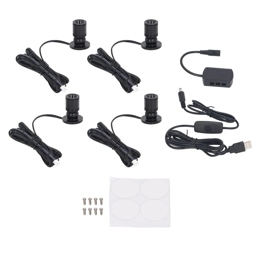 Светильник LED 4шт, 5V USB, диммируемый, миниспот, витрина, крыльцо, черный, естественный свет