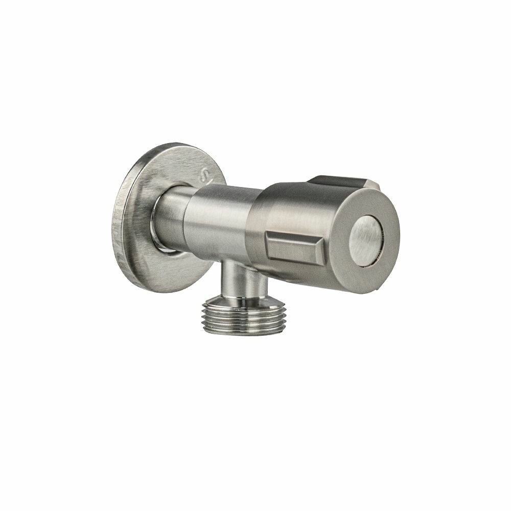 Кран угловой, металлокерамика 1/2"х3/4", с отражателем, из нержавеющей стали, в блистере, цвет сатин