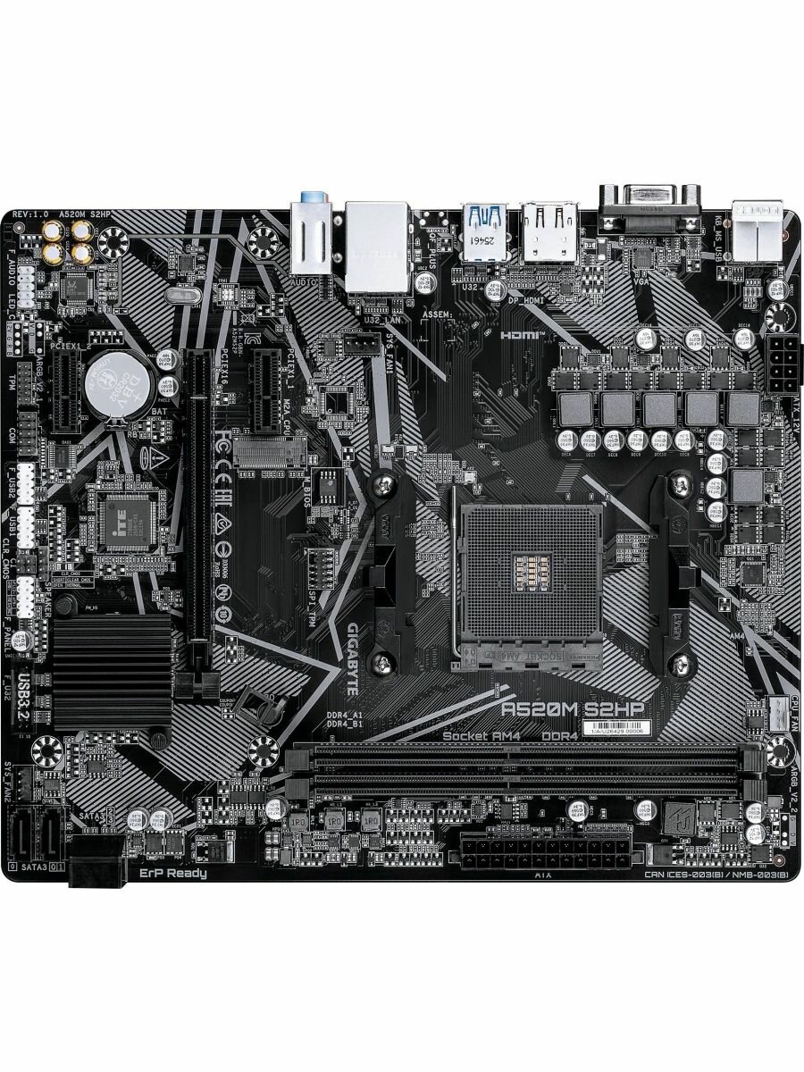 Материнская плата Gigabyte A520M S2HP Soc-AM4 AMD A520 2xDDR4 mATX AC 97 8ch(7.1) GbLAN RAID+VGA+HDMI+DP