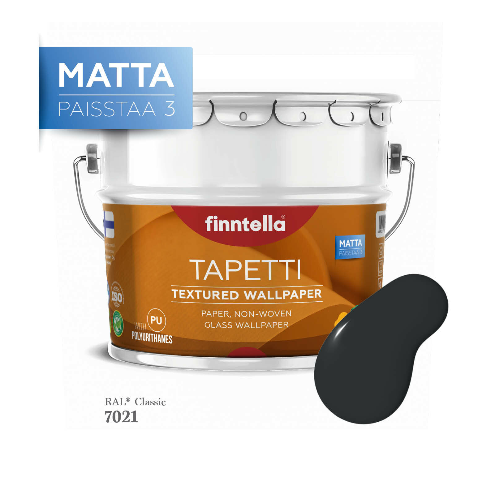 Матовая краска для обоев под окраску TAPETTI Matta FINNTELLA, Цвет RAL 7021 Черно-серый (Black grey), 9л