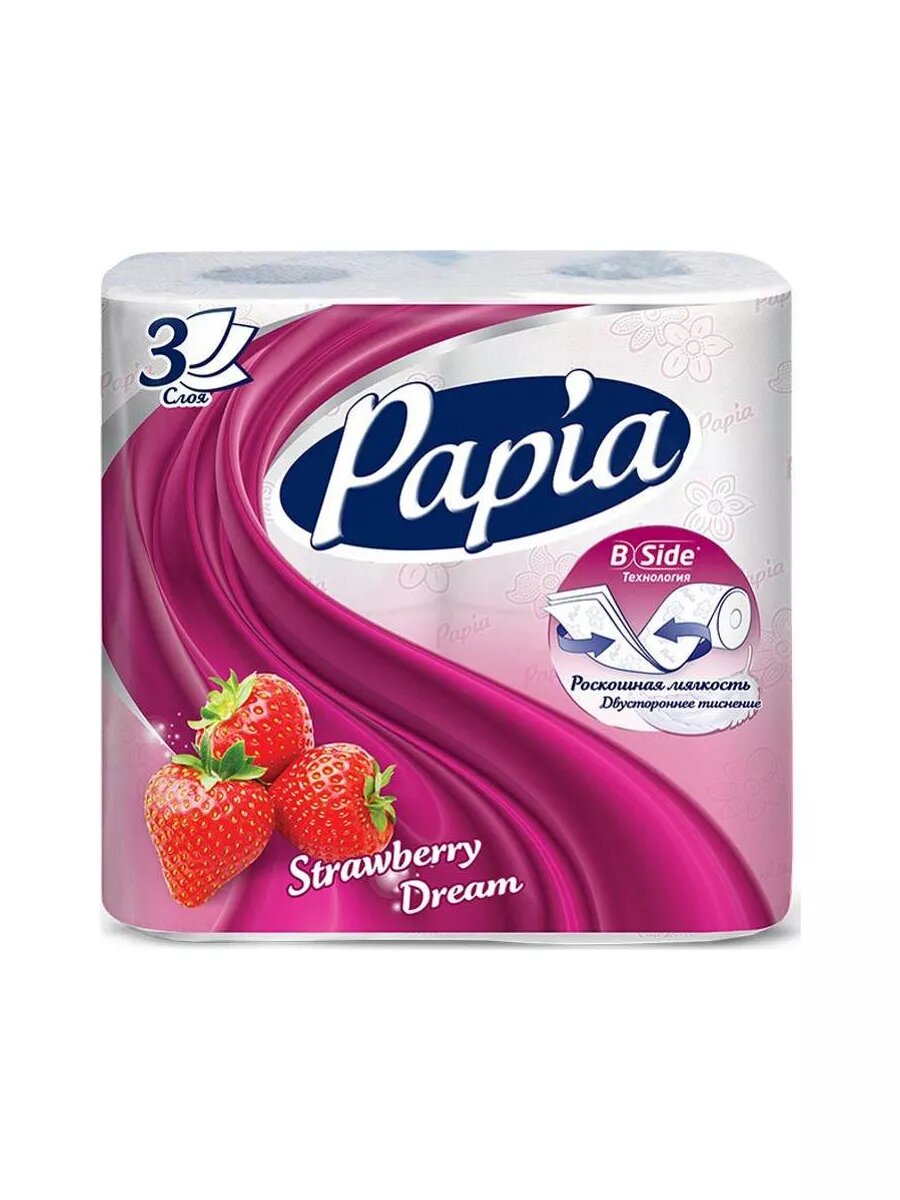 Туалетная бумага Papia трехслойная Клубничная мечта 4 рулона