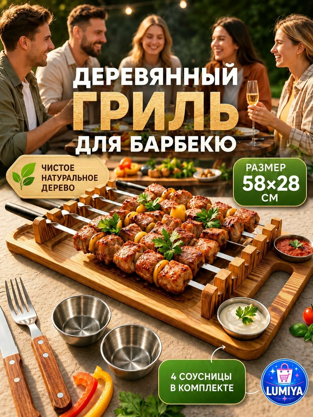 Поднос для шашлыка деревянный с соусницами и гастроемкостью, сервировочный набор, набор для шашлыка 58х28 см деревянный поднос сервировочный поднос