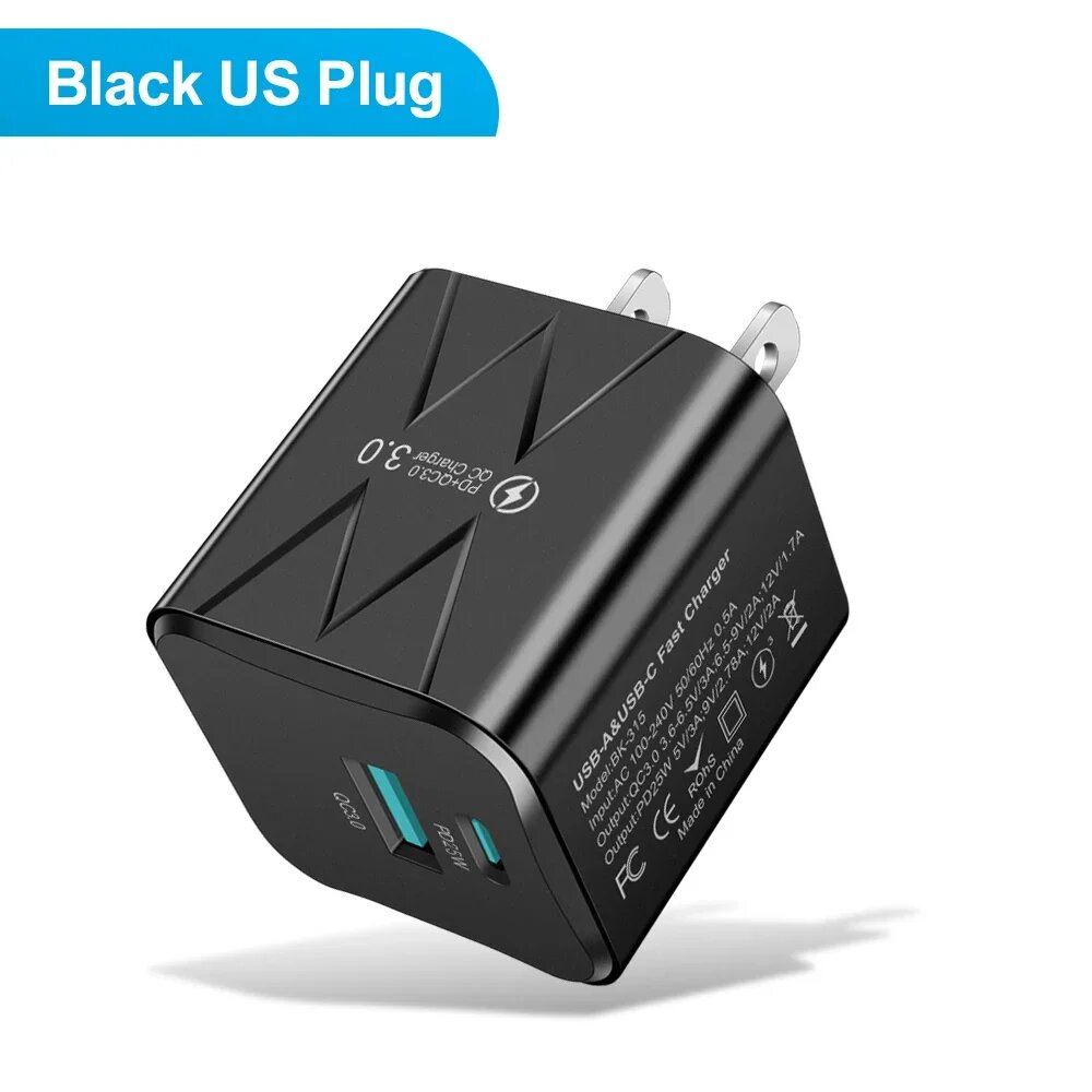 Зарядное устройство USB C 25 Вт Быстрая зарядка QC 3.0 USB PD Зарядное устройство Черный, Black US
