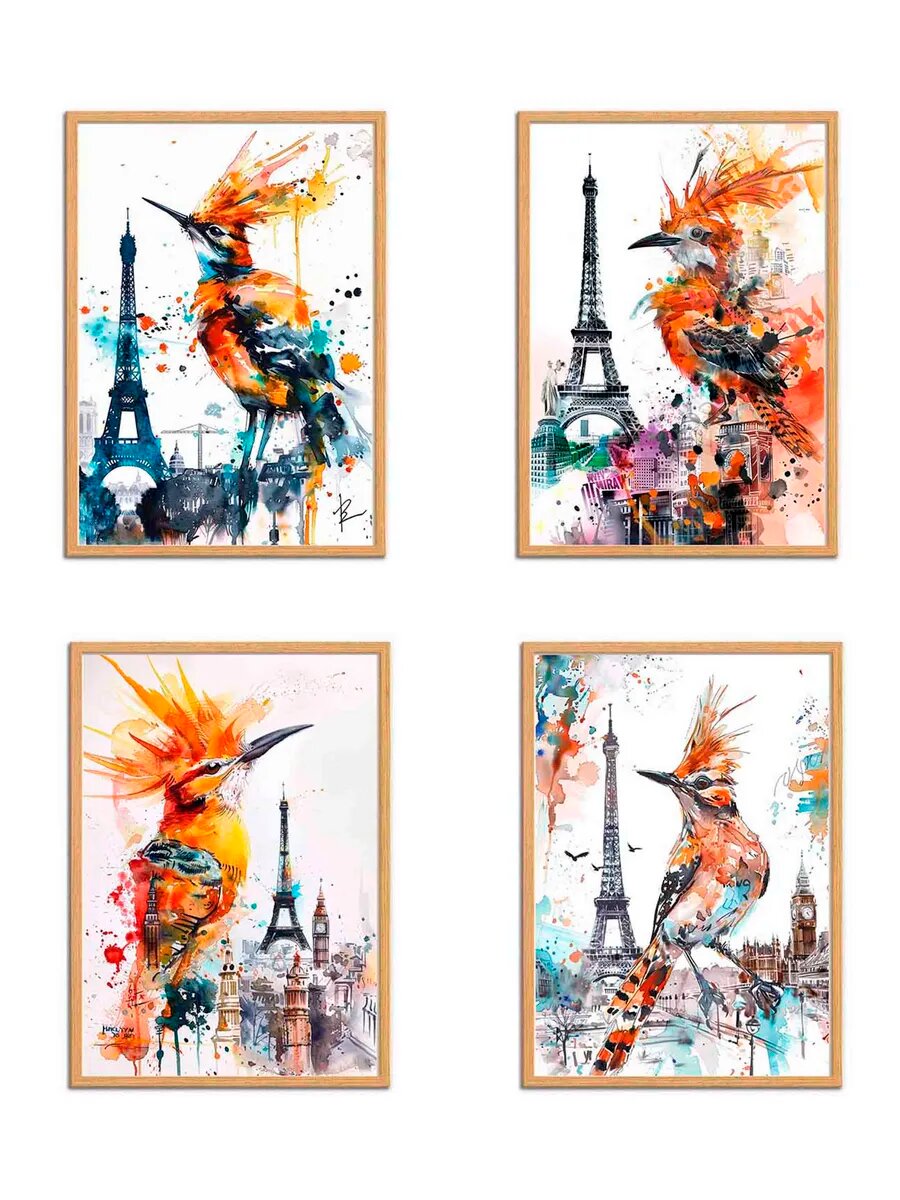 Птица удод Пьет Виски, 4 Плаката, 30x21см