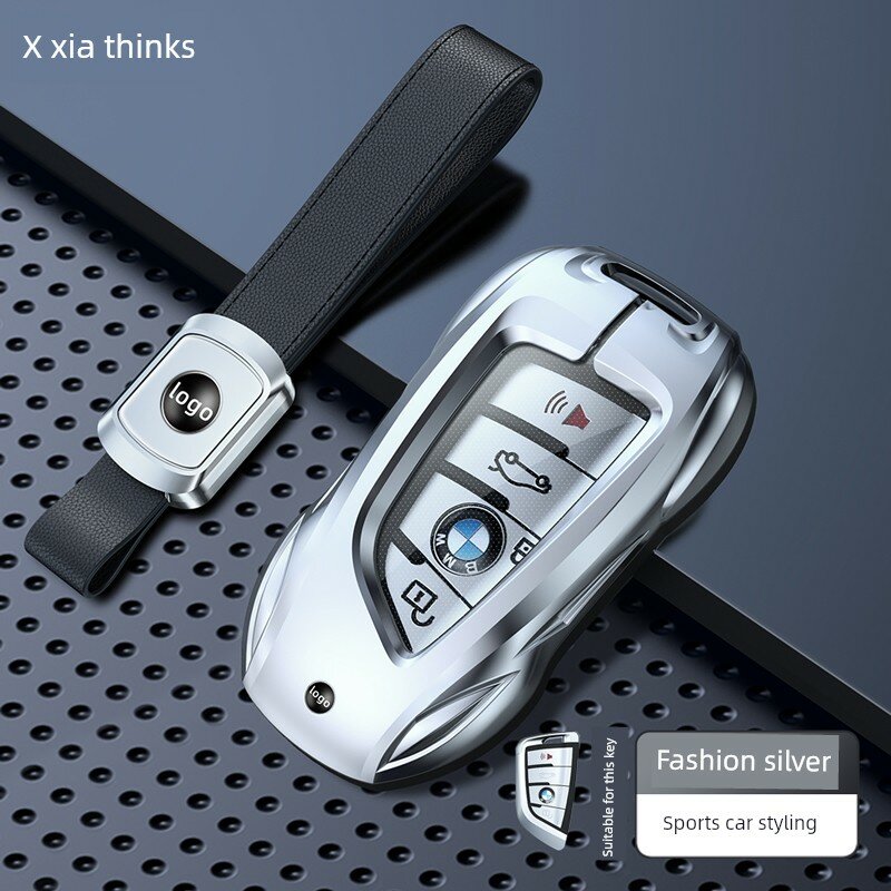 Чехол для брелока BMW серебристый с кожаным ремешком, подходит для моделей X5/X1/X3/X4/525Li