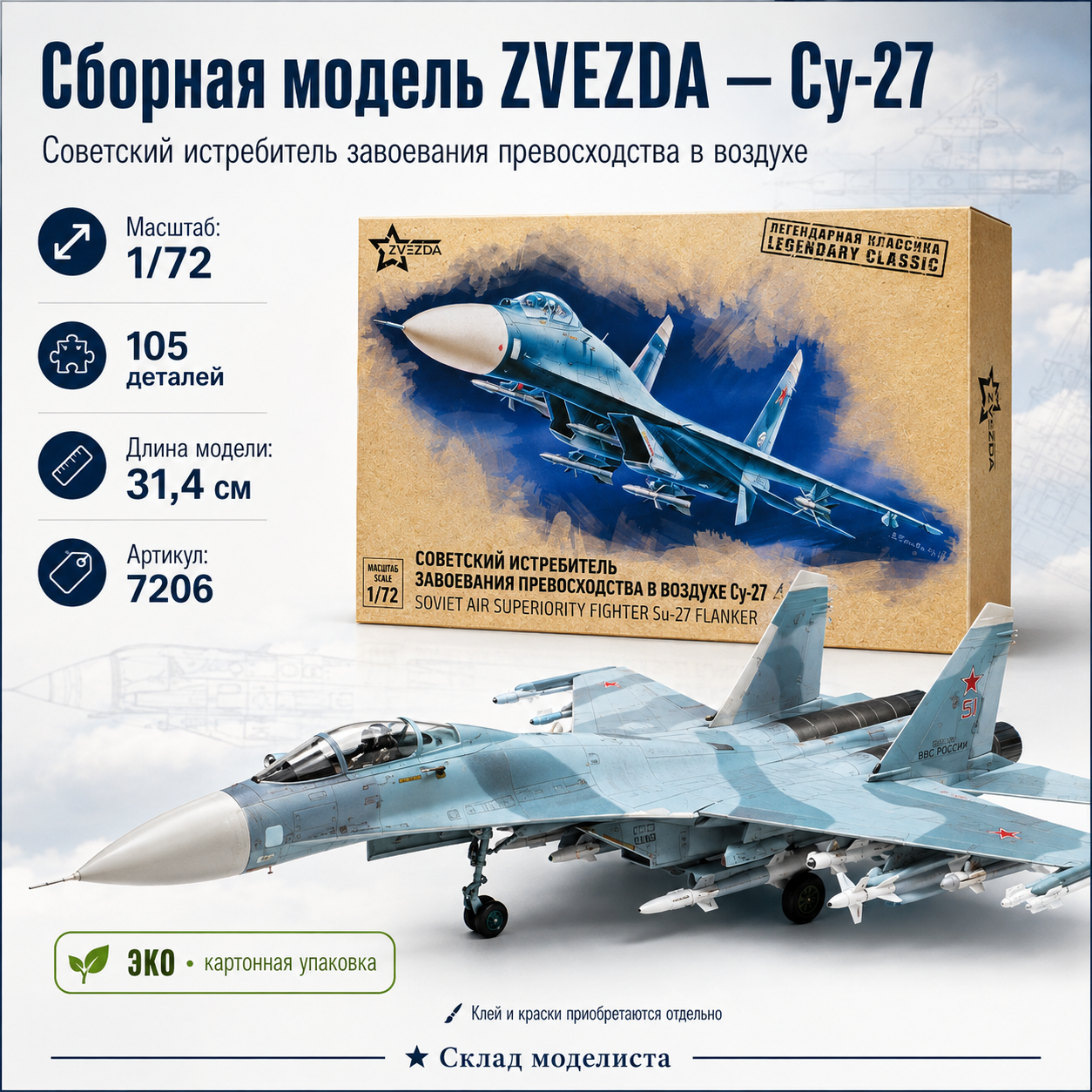Советский истребитель Су-27 превосходство в воздухе, масштаб 1/72, Звезда 7206