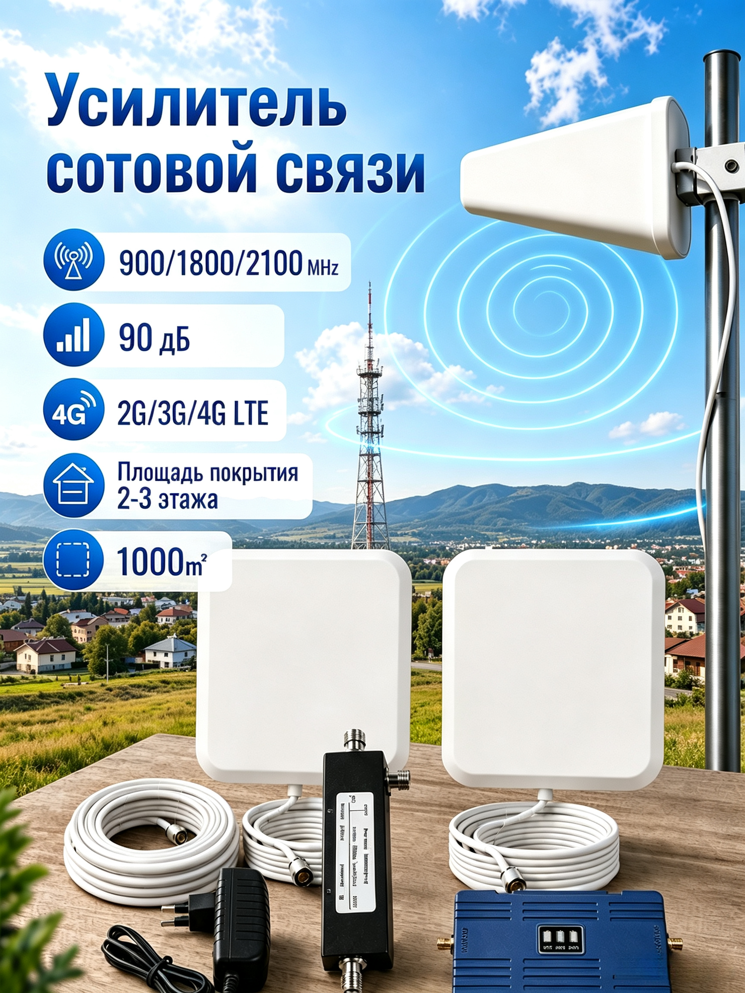 Усилитель сигнала сотовой связи 2G 3G 4G | 900/1800/2100 МГц | Две внутренние антенны | Усилитель GSM сигнала