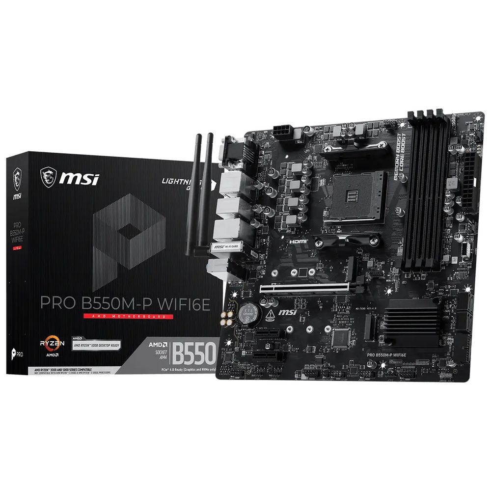 Материнская плата MSI PRO B550M-P WIFI6E B550, AM4, 4*DDR4, 1*PCIEx16, 2*PCIEx1, 2*M.2, 1*TypeC, 6*USB3.2Gen1, 6*USB2.0, 4*SATA3.0, 1G, VGA, DP, HDMI, ATX, RTL