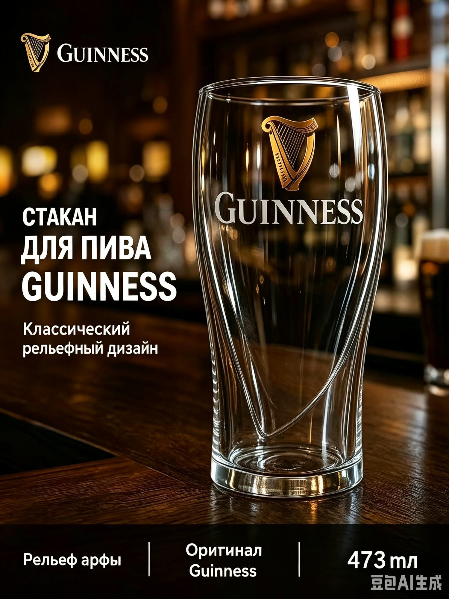 Пивной стакан Guinness 473 мл, классический бокал для темного пива Гиннесс с рельефом арфы