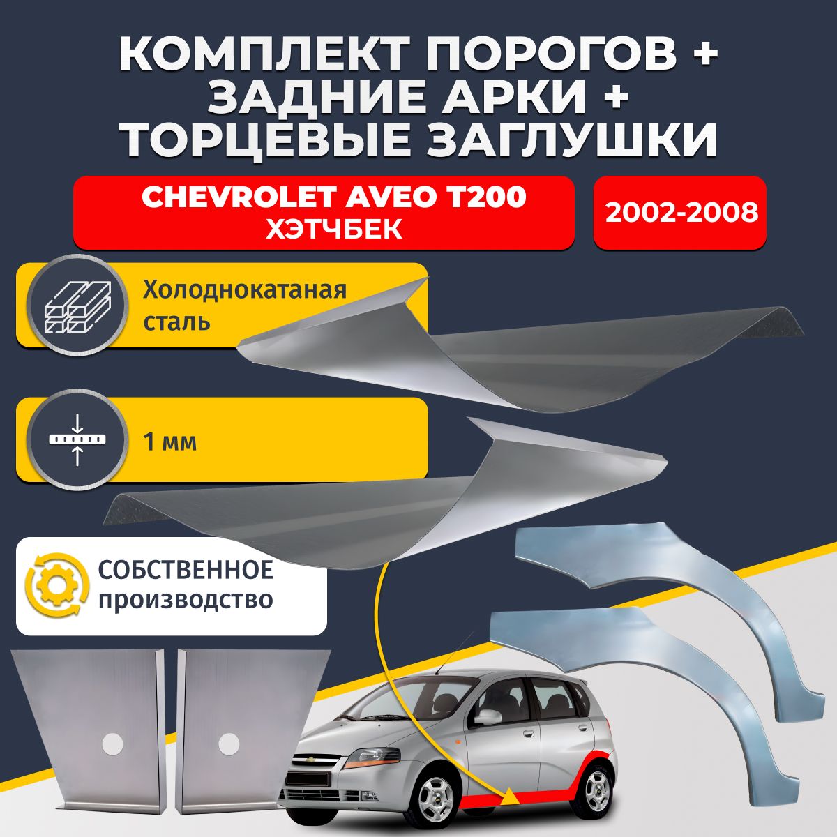 Комплект ремонтных задних арок (0,8 мм) и стандартных порогов (1 мм) + торцевые заглушки (1 мм) на Chevrolet Aveo T200 2002-2008 хэтчбек 5 дверей (Шевроле Авео Т200). Холоднокатаная сталь 1 мм.