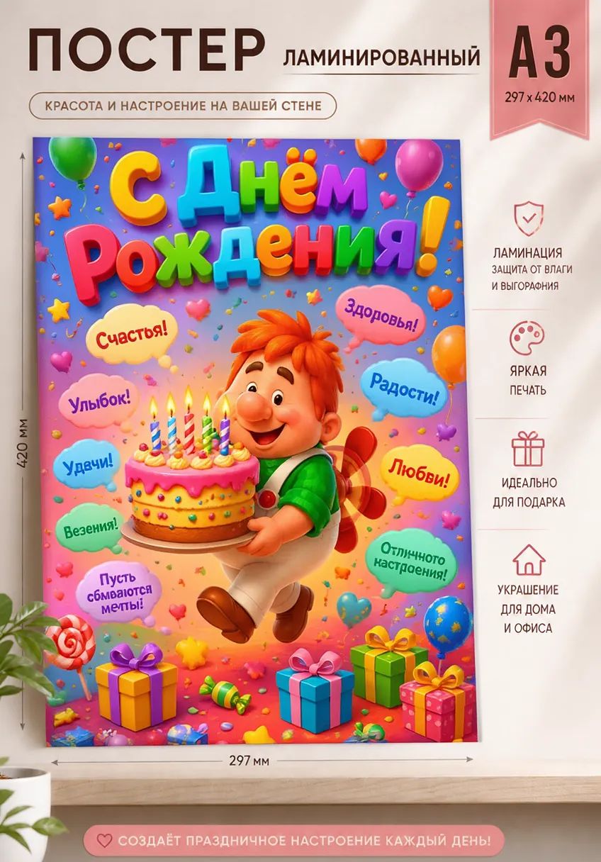 Постер ламинированный детский "С Днем Рождения"