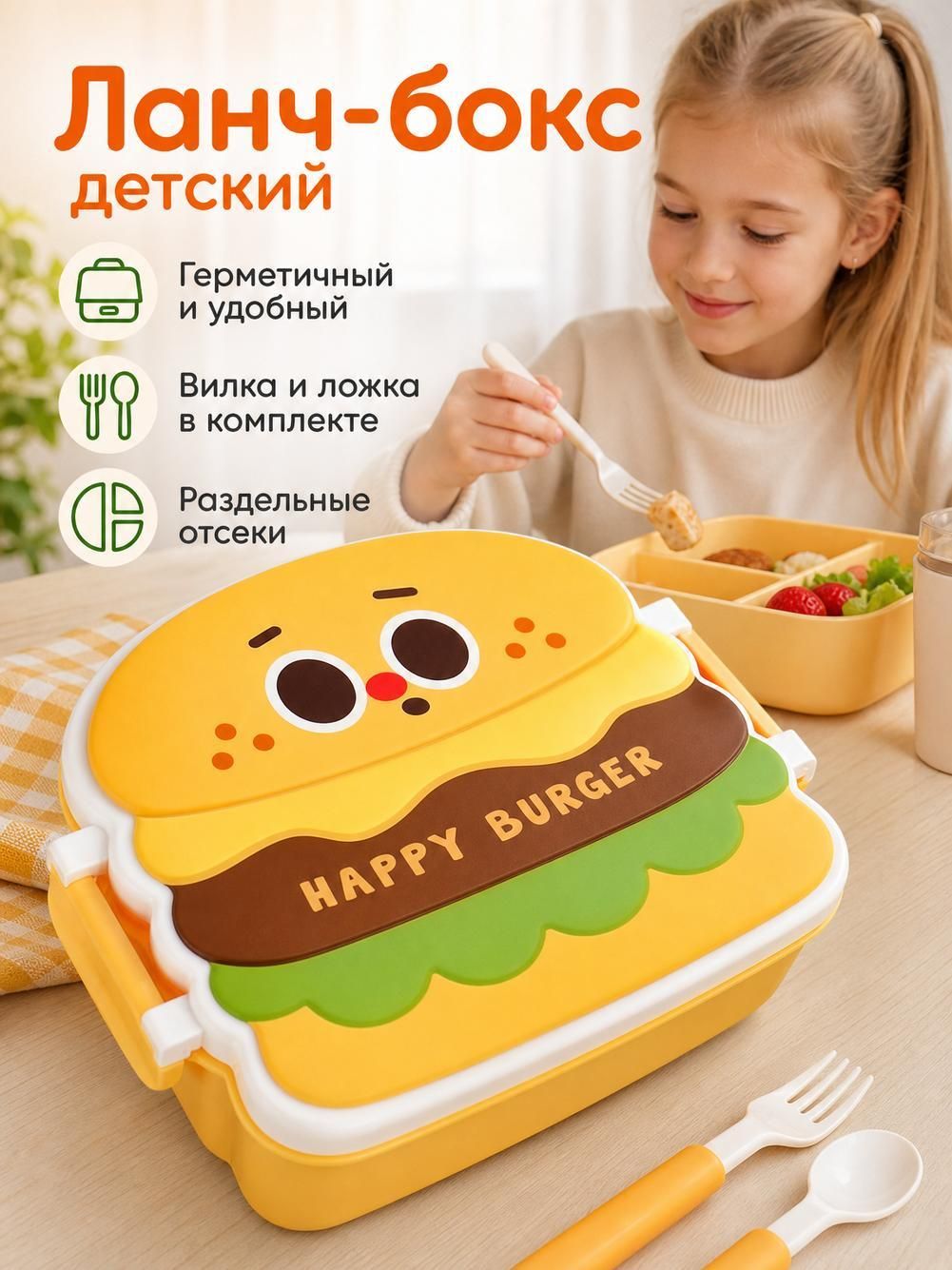 Ланч-бокс с секциями и столовыми приборами для школы офиса