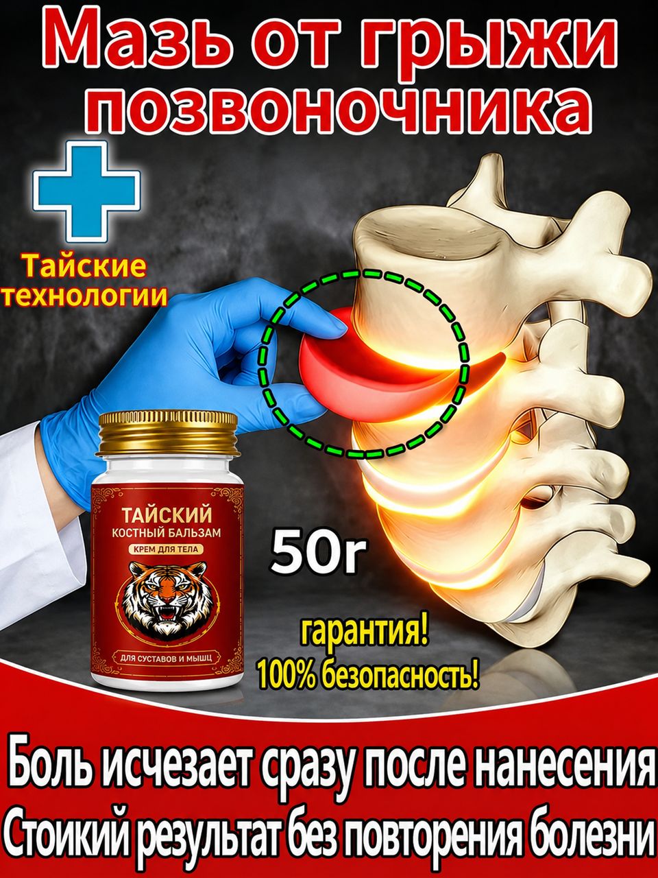 Мазь для спины от боли в пояснице, грыжи поясничного диска, Крем для спины и мышц при болях, 50 г.