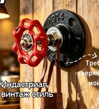 Винтажный крючок в виде вентиля, красный маховик, чёрный фланец, индустриальный стиль, для кафе и лофтов