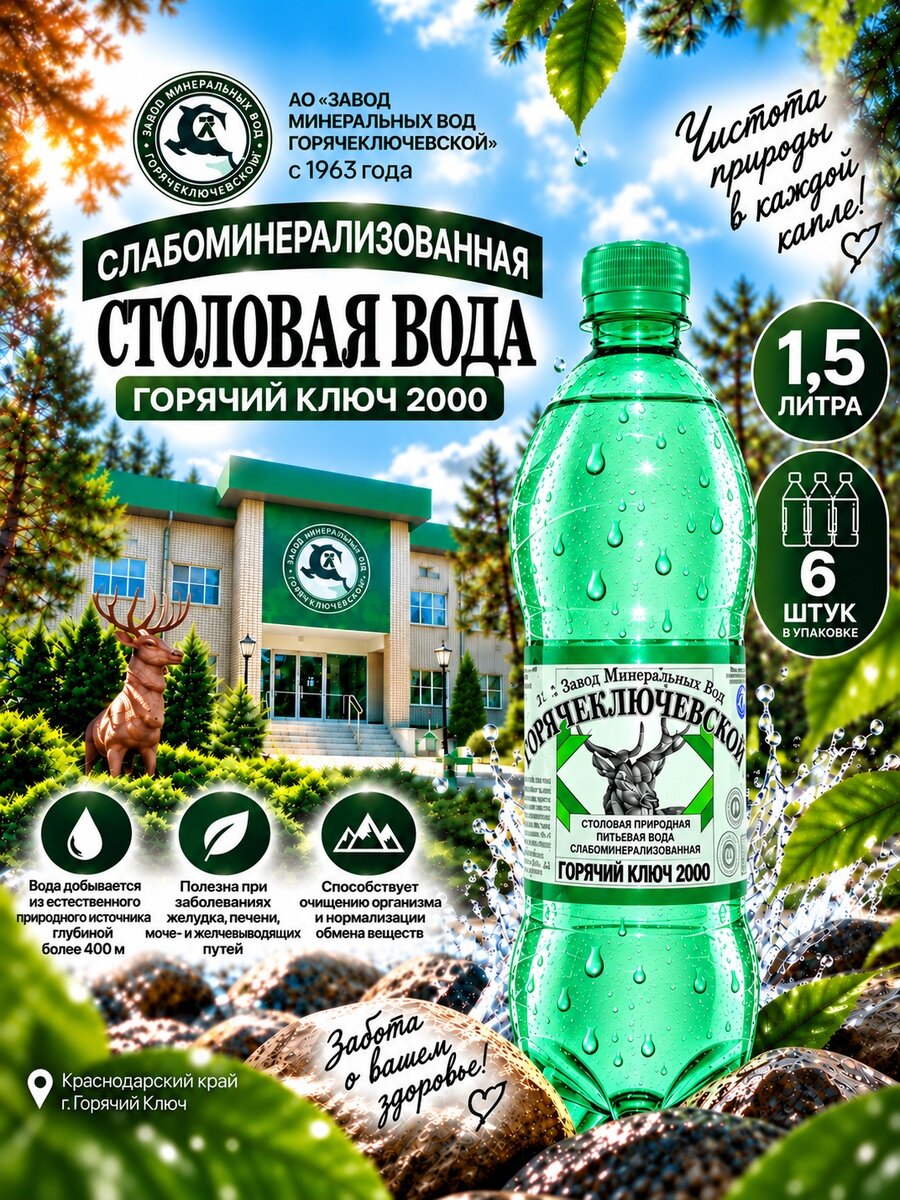 Минеральная вода «Горячий ключ 2000», сульфатная, гидрокарбонатная, кальциево-натриевая