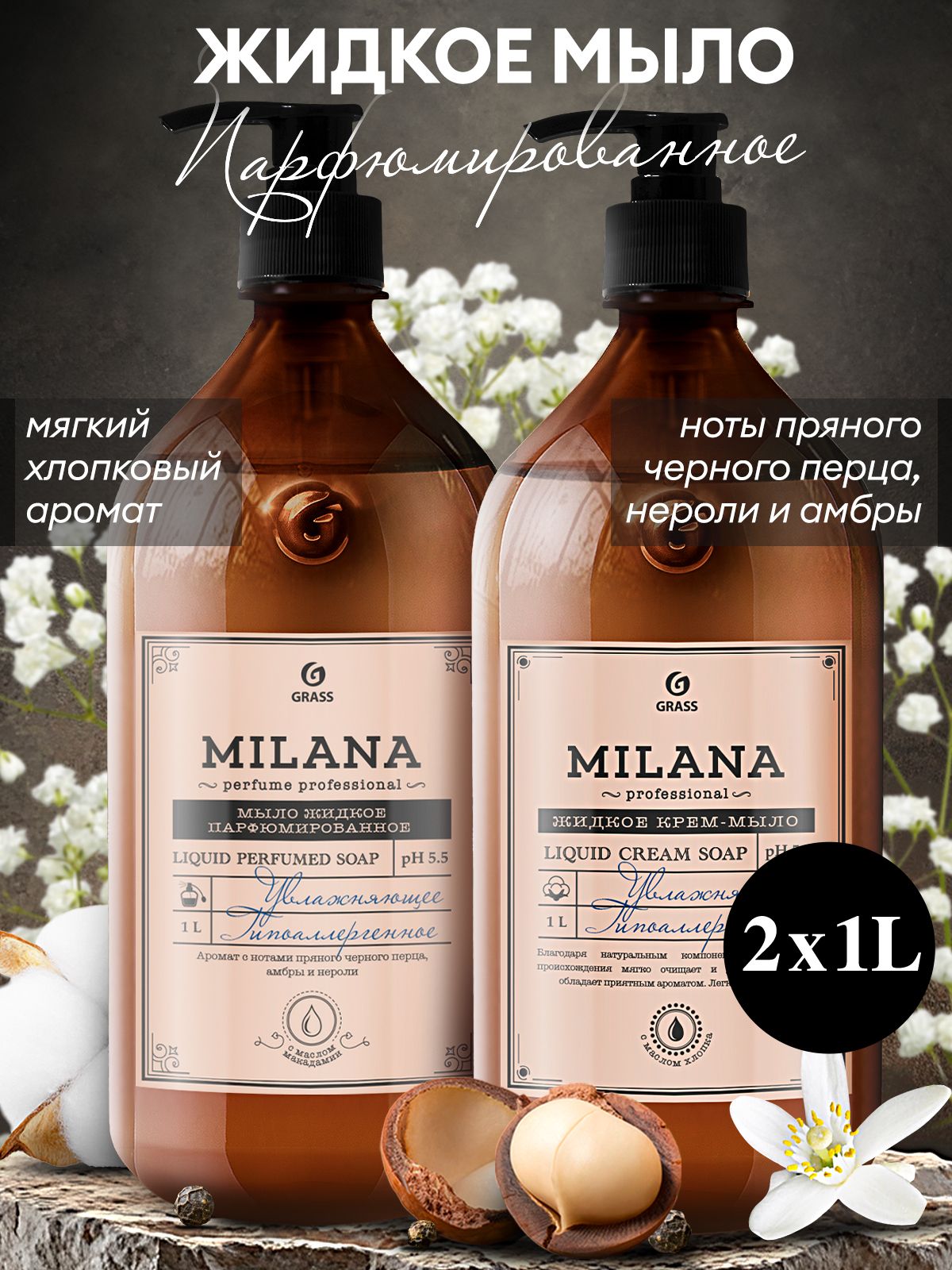 Парфюмированное жидкое мыло для рук и тела GRASS Milana, 2 л