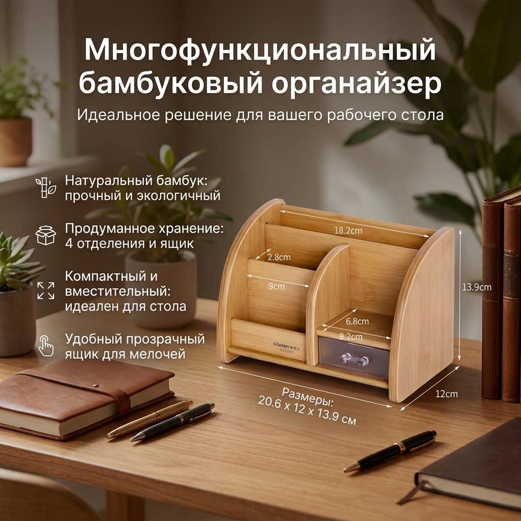 Деревянный органайзер для ручек с ящиком-