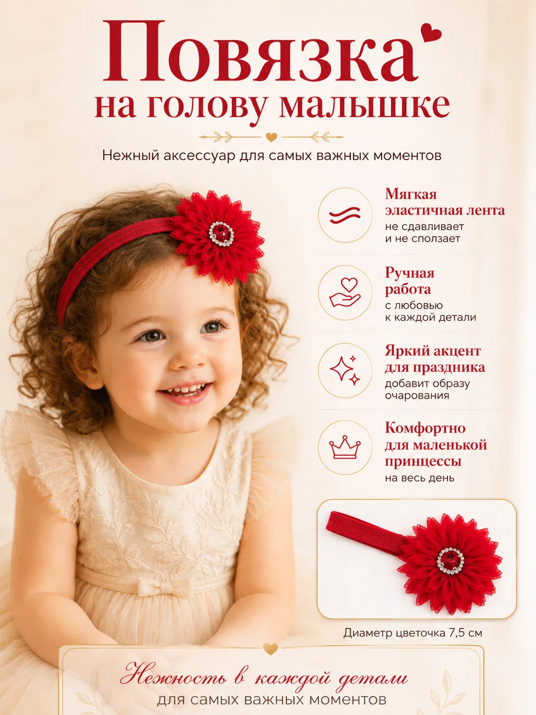 Повязка на голову Арт и Дизайн, для девочек, красная, плотная органза, нейлон