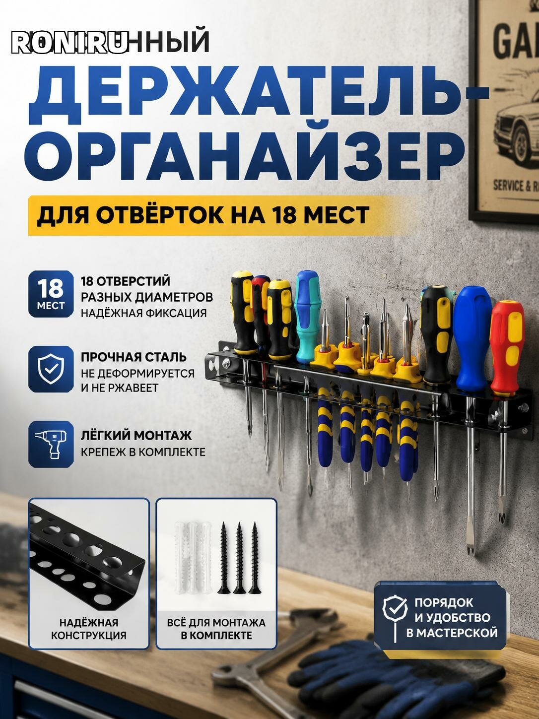 Настенный держатель-органайзер для отвёрток на 18 мест — компактное настенное крепление для гаража и мастерской