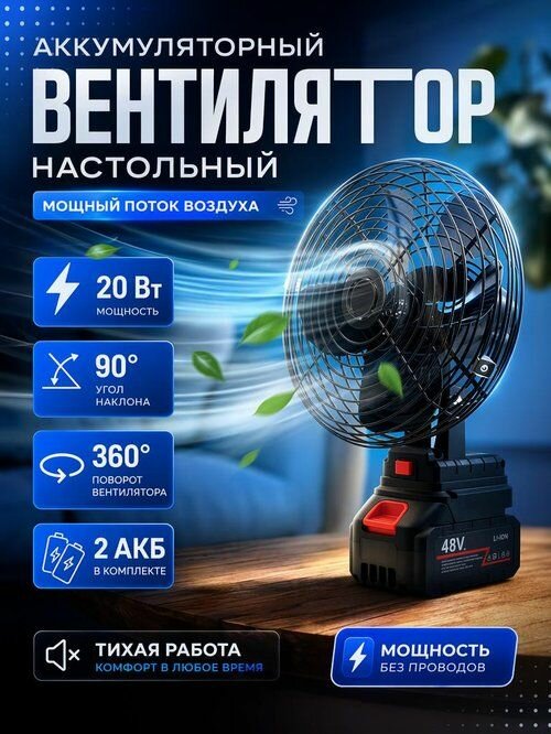 Вентилятор аккумуляторный для дома и сада / 2 АКБ в комплекте / портативный и мощный