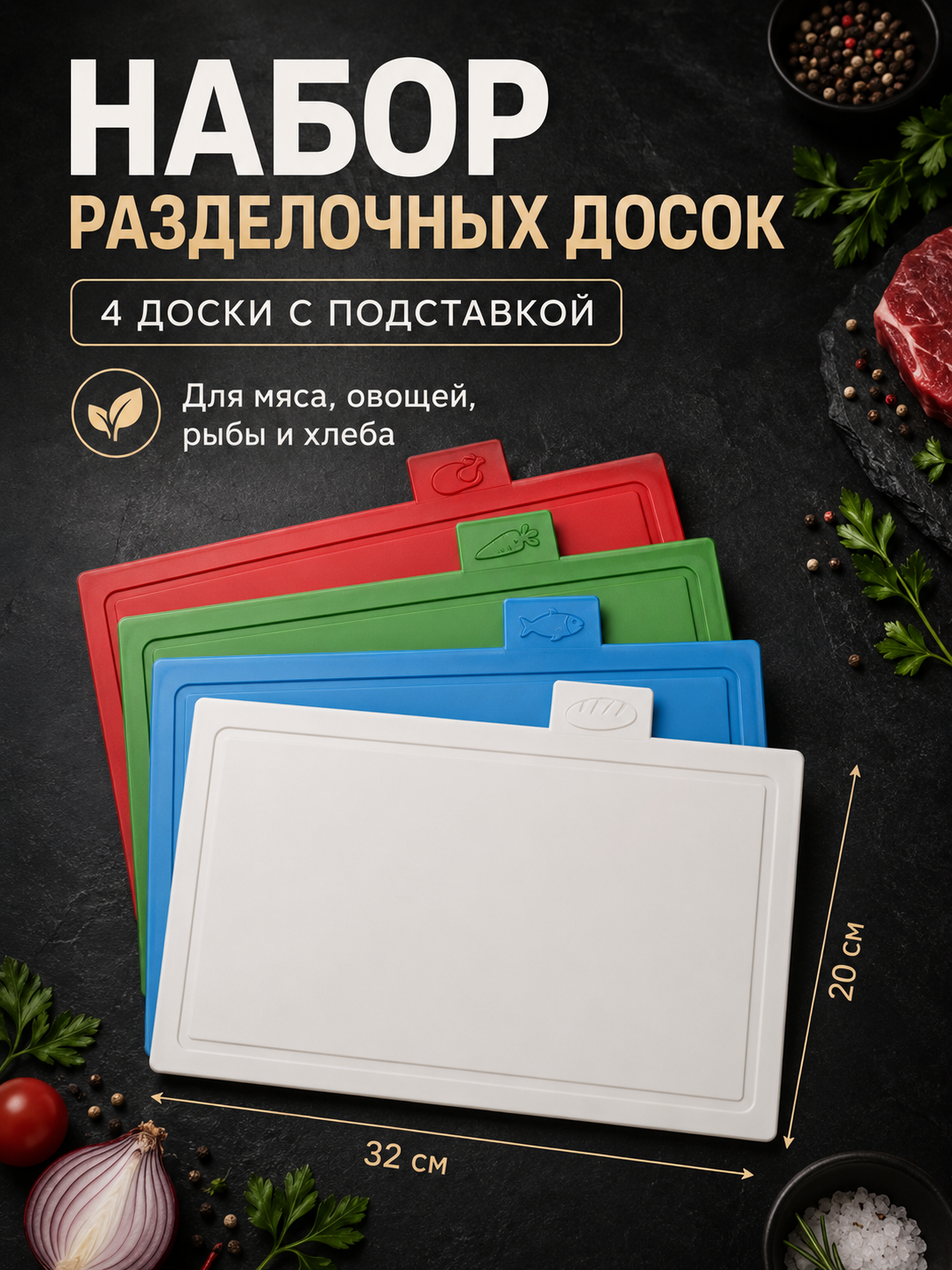 Набор разделочных досок (4 шт.) / Разделочная доска цветная на подставке