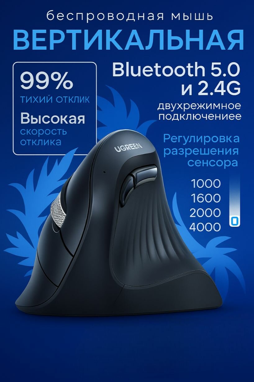 Мышь беспроводная бесшумная вертикальная UGREEN MU008 45388. Мышь компьютерная, для ноутбука, для компьютера, черный матовый