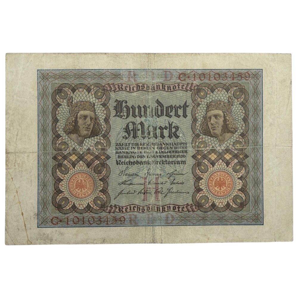 Веймарская республика (Германия) 100 марок 1920 г. (Литера H) (Серия C) (8-значный номер)