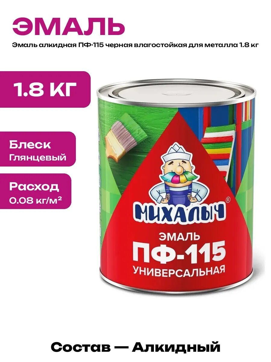 Эмаль ПФ-115 черная алкидная для скамеек и ограждений 1.8 кг