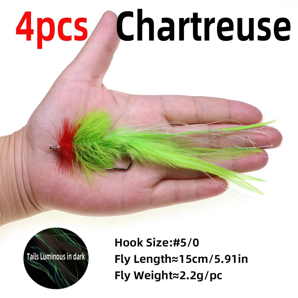 4шт Chartreuse Fly Streamer, #5/0, 15см, Зеленый