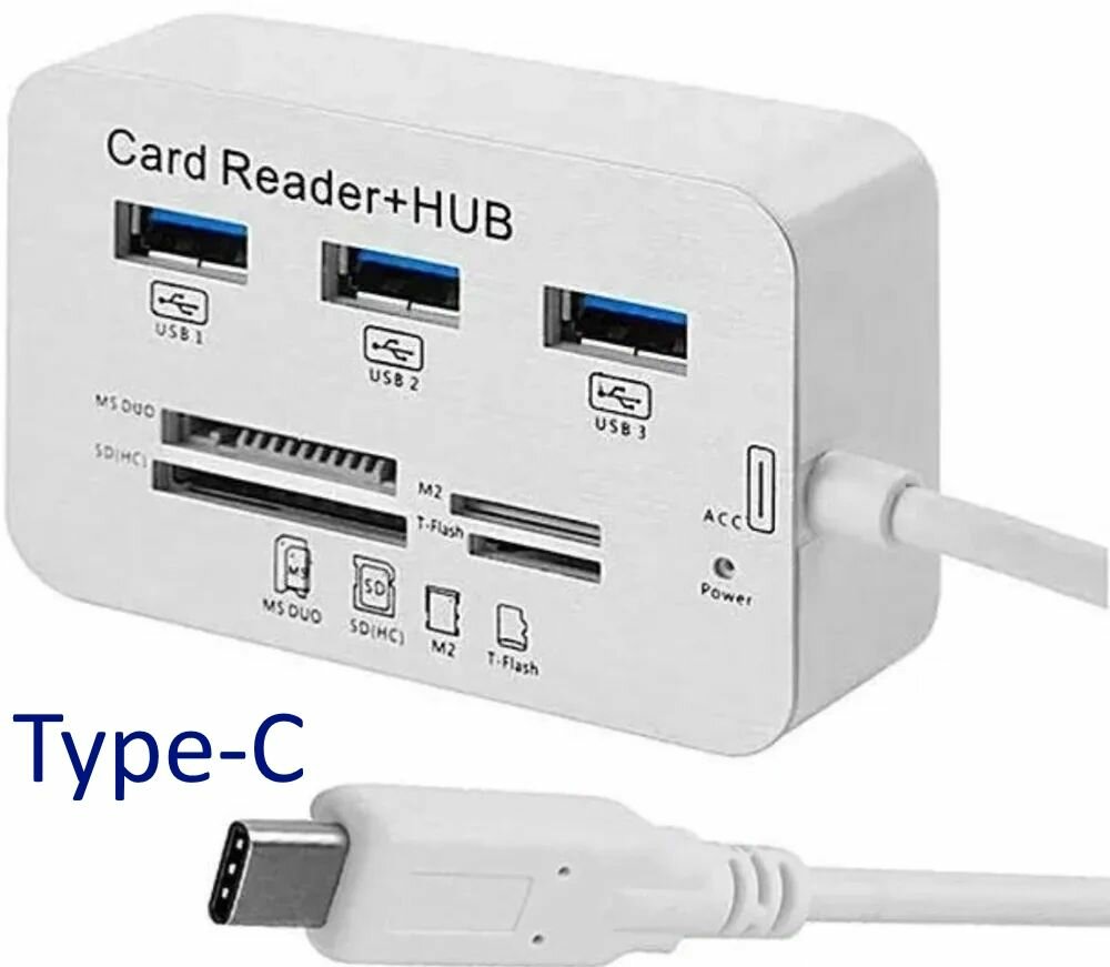 Переходник Type-C хаб USB концентратор Hub 7-портов: 3*USB, MS Duo, SD, M2, MicroSD, NOVELEKA, серебристый