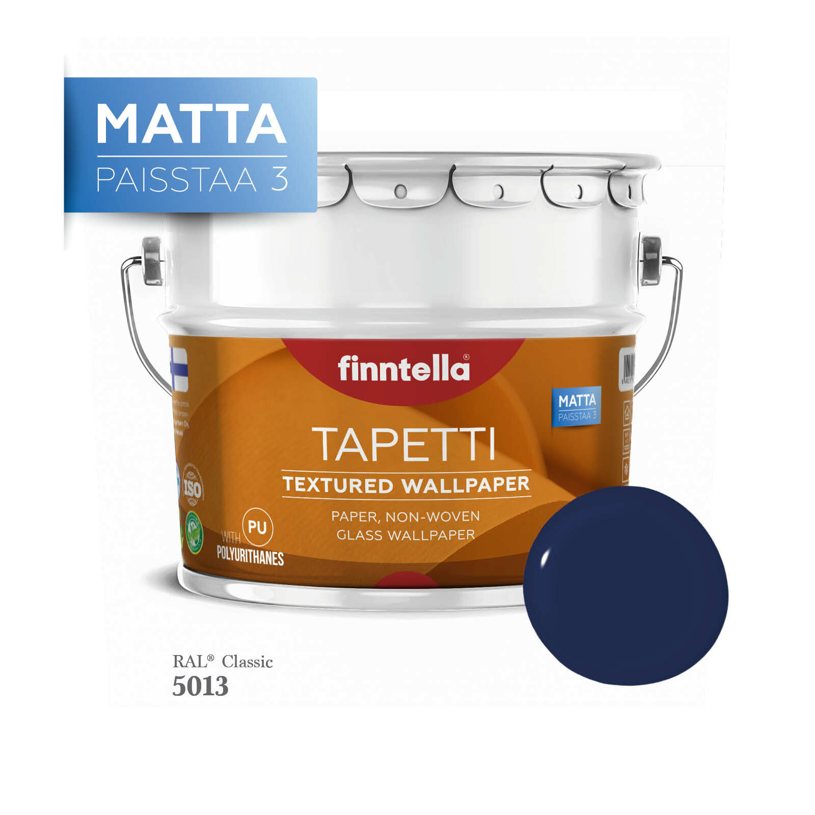 Матовая краска для обоев под окраску TAPETTI Matta FINNTELLA, Цвет RAL 5013 Кобальтово-синий (Cobalt blue), 9л