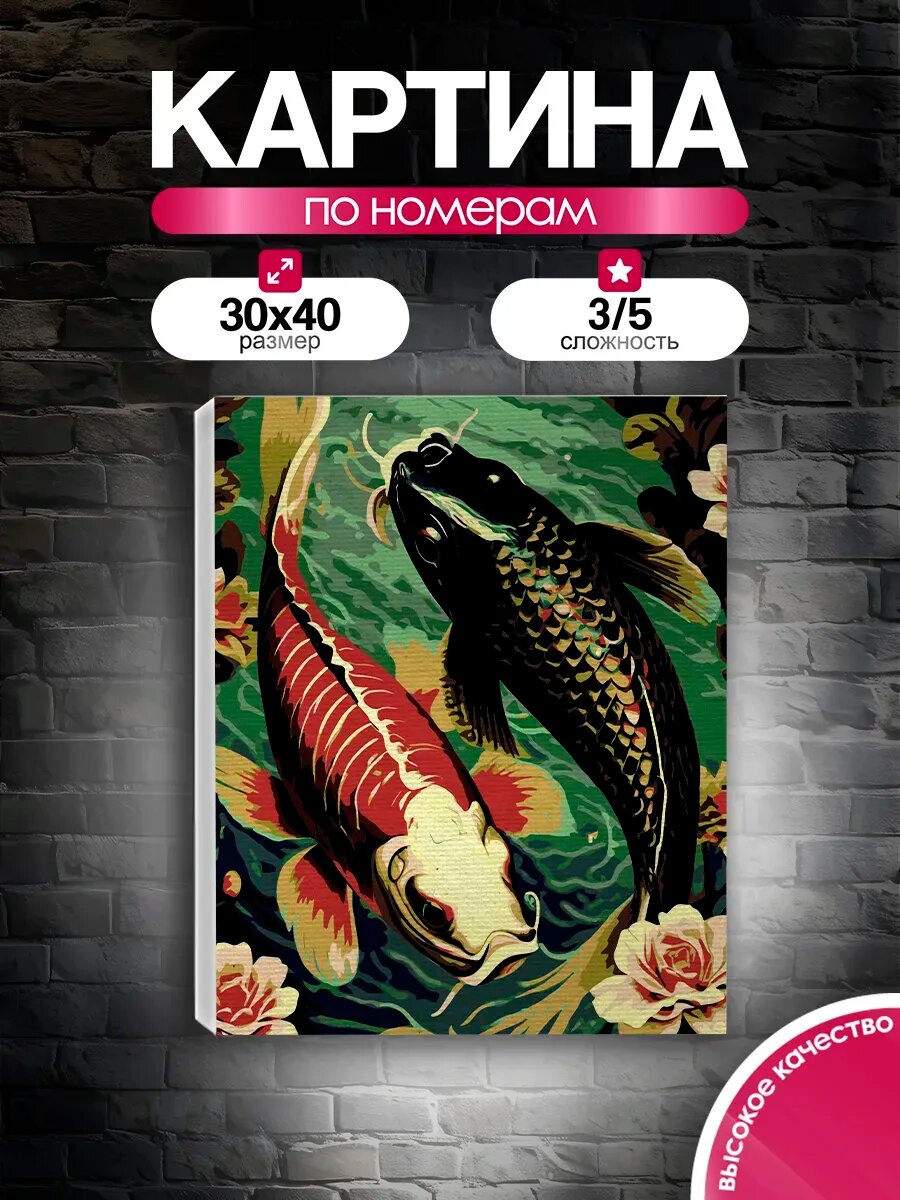 Картина по номерам 30x40 Карпы кои в цветах