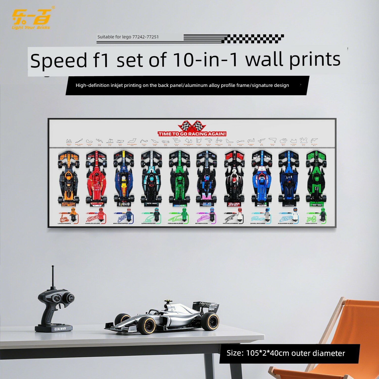 Настенная картина серии SPEED F1 Racing Team с 10 машинами, горизонтальное расположение, белая рамка