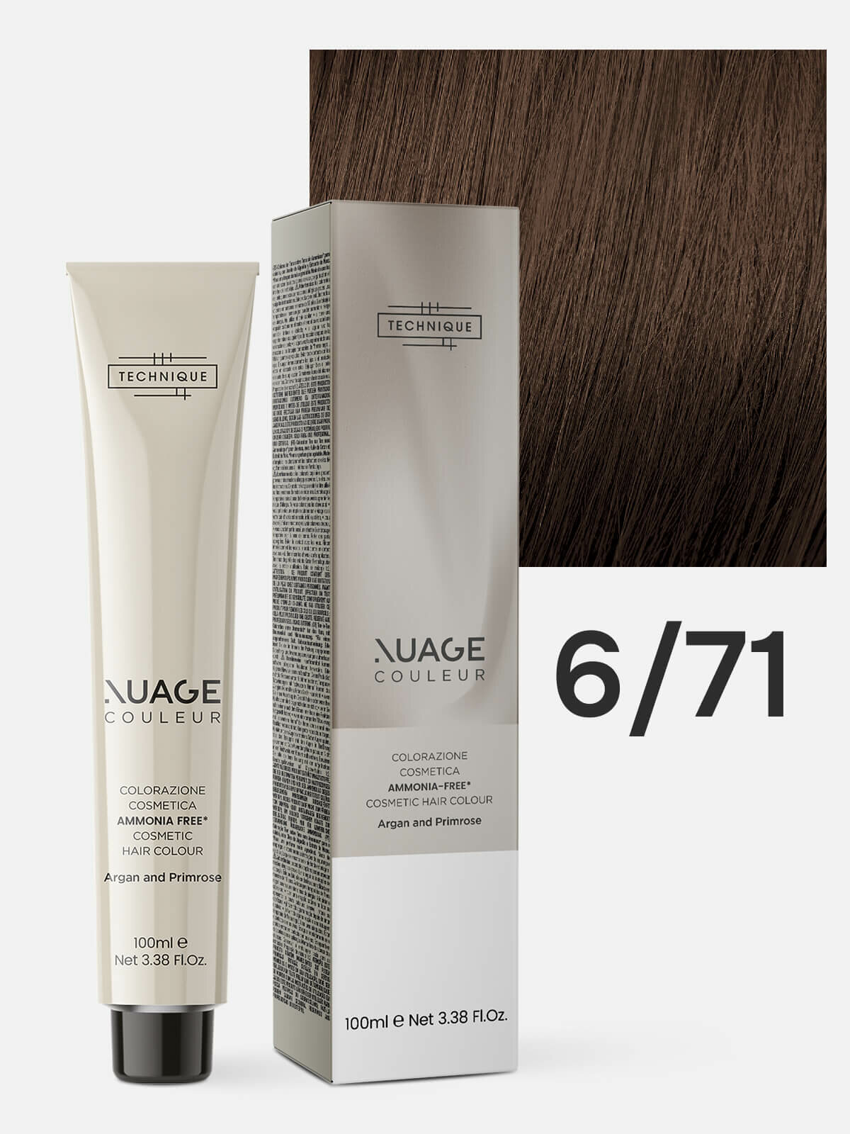 Крем - краска для волос профессиональная без аммиака Technique Nuage Ammonia Free Hair Color Cream 6.71 Темный русый Коричнево-пепельный, 100 мл