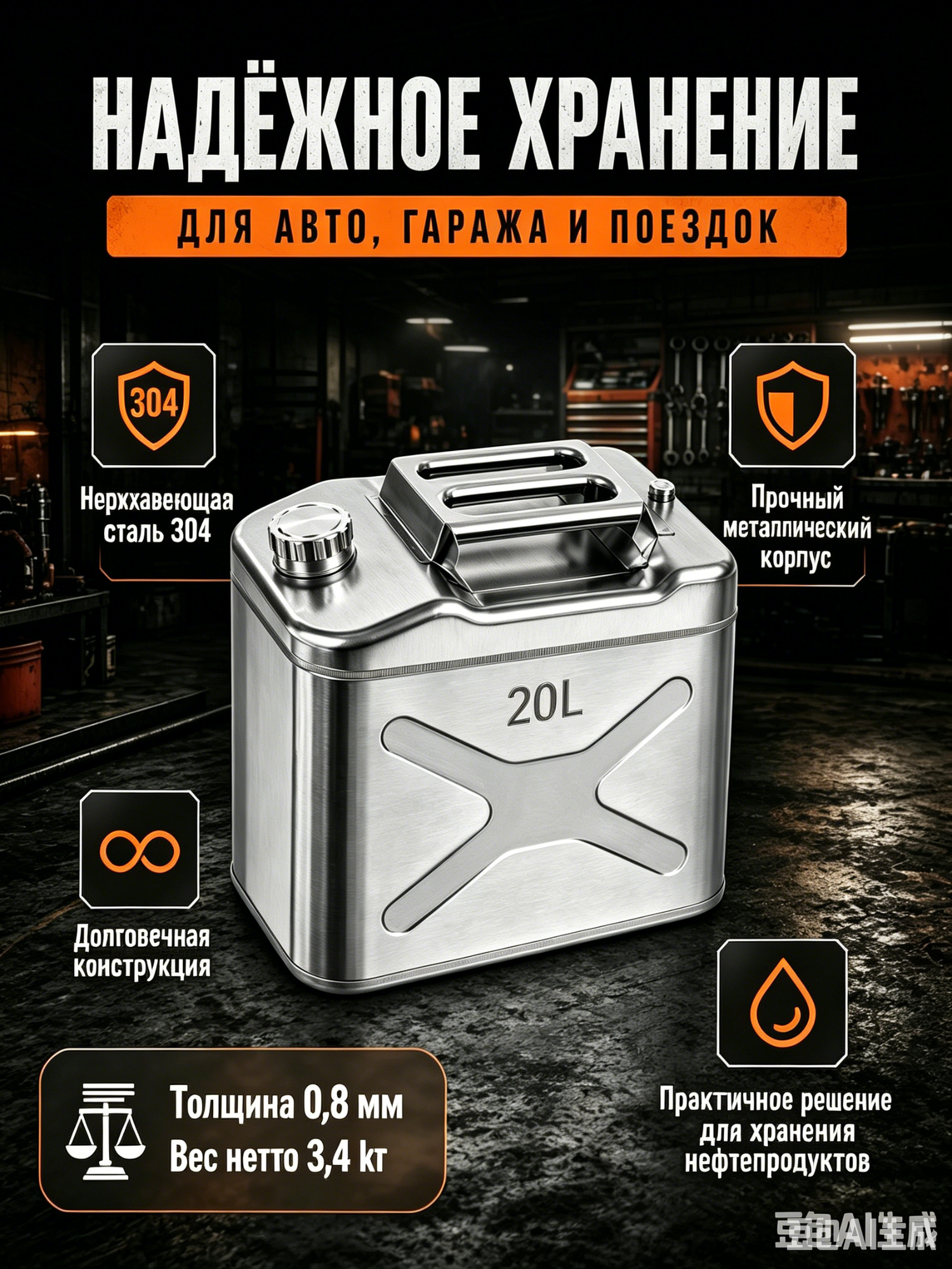 Канистра из нержавеющей стали 304 20л, горизонтальная, для бензина/дизеля, автомобильный резервный бак