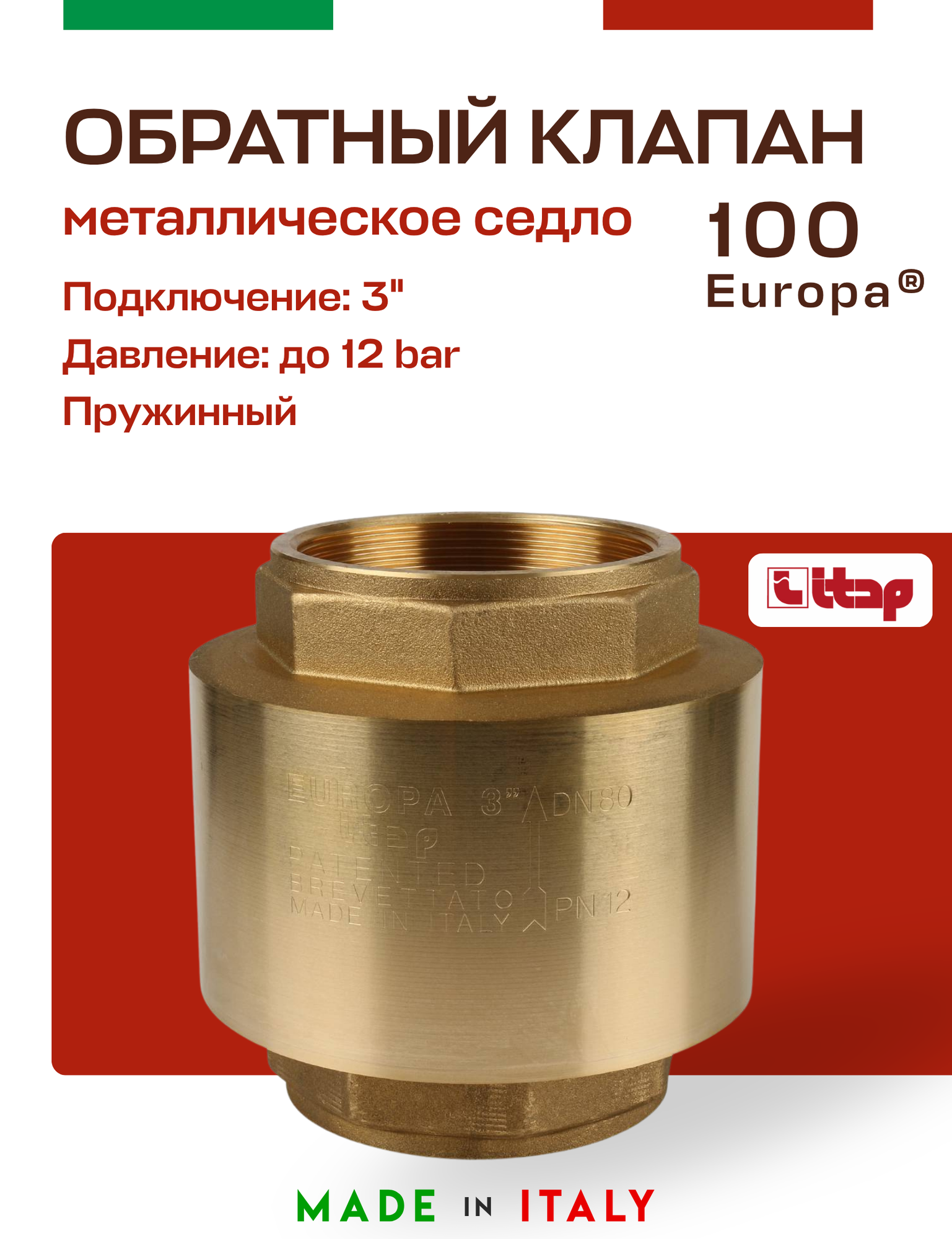 Клапан EUROPA ITAP 100 обратный пружинный (металлическое седло) 3"