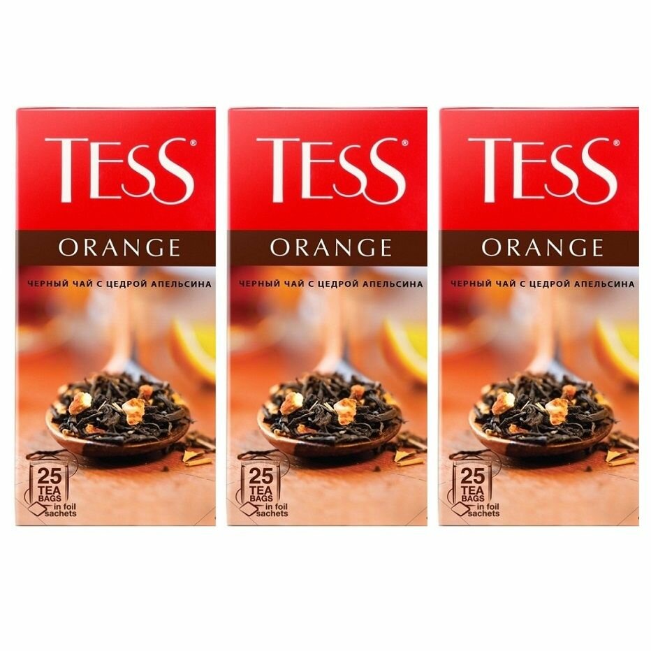 Tess Черный чай Orange, с цедрой апельсина, 25 пакетиков по 1,5 г, 3 уп.
