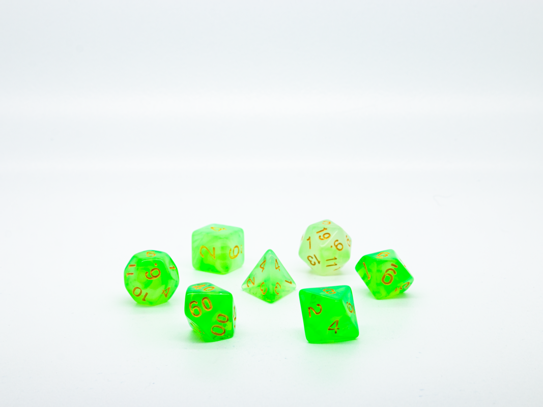Набор кубиков для D&D (Dungeons and Dragons, ДнД, Pathfinder): Полупрозрачные кислотно-зелёные
