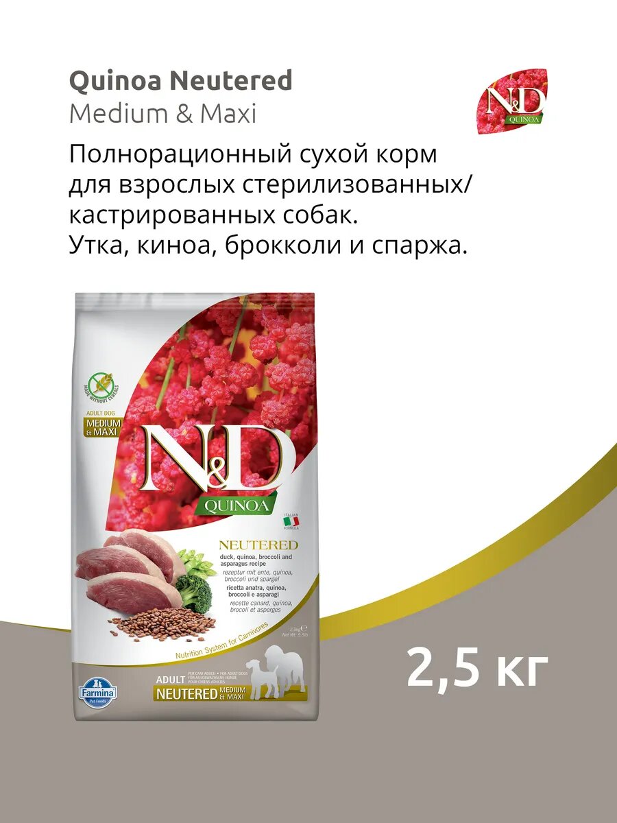 Сухой корм для стерилизованных собак средних и крупных пород Farmina N&D Quinoa утка с киноа 2,5 кг Срок по 13.11.2026