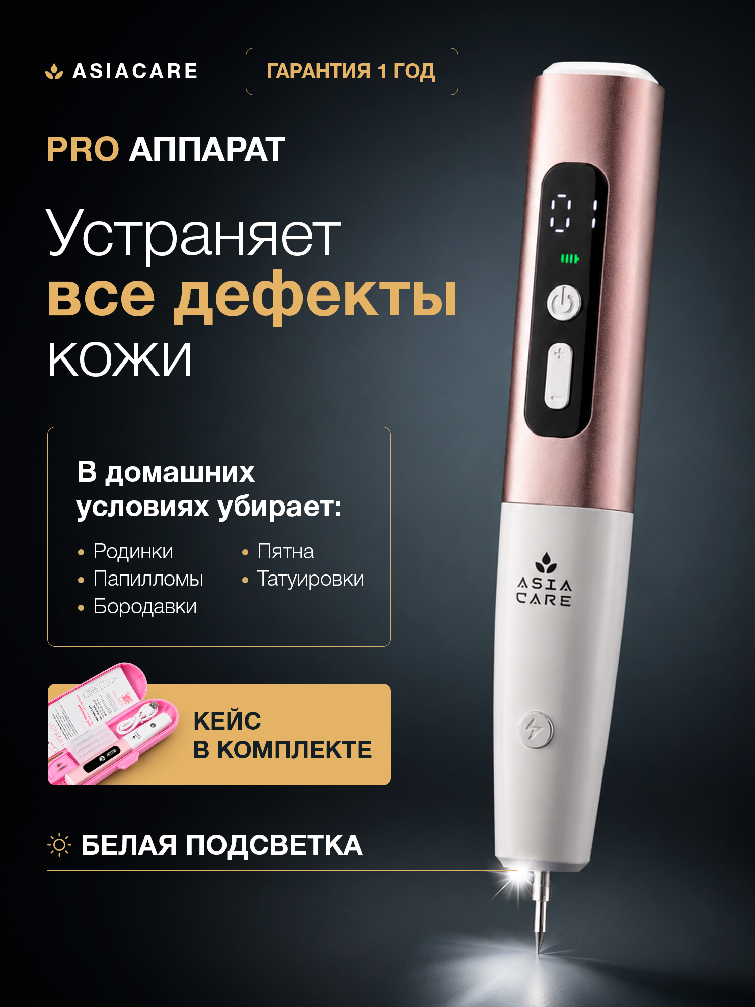 Косметологический аппарат от бородавок и папиллом AsiaCare, коагулятор, розовый