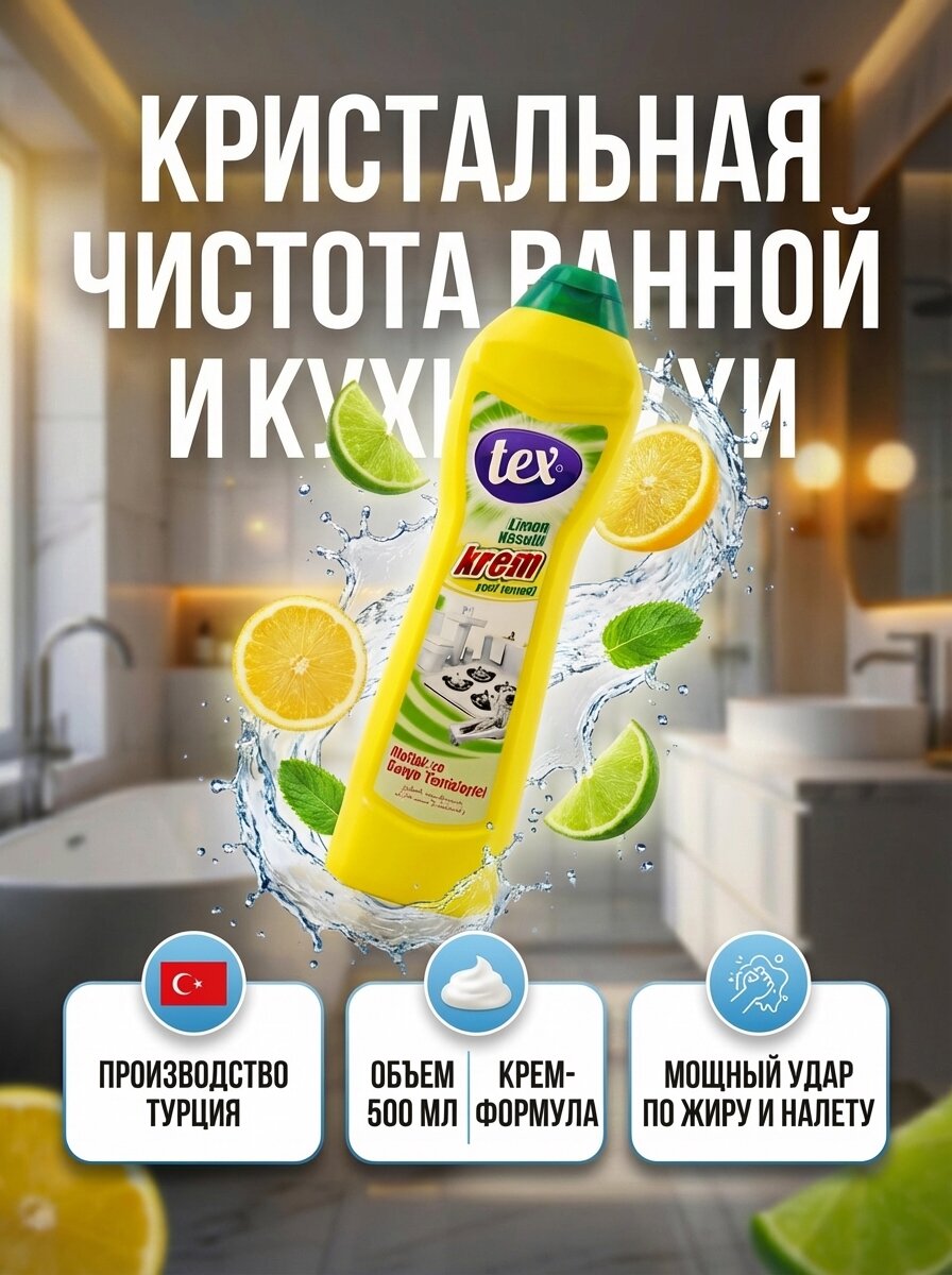 Чистящее средство крем для кухни и ванной TEX лимон, 500мл, Турция