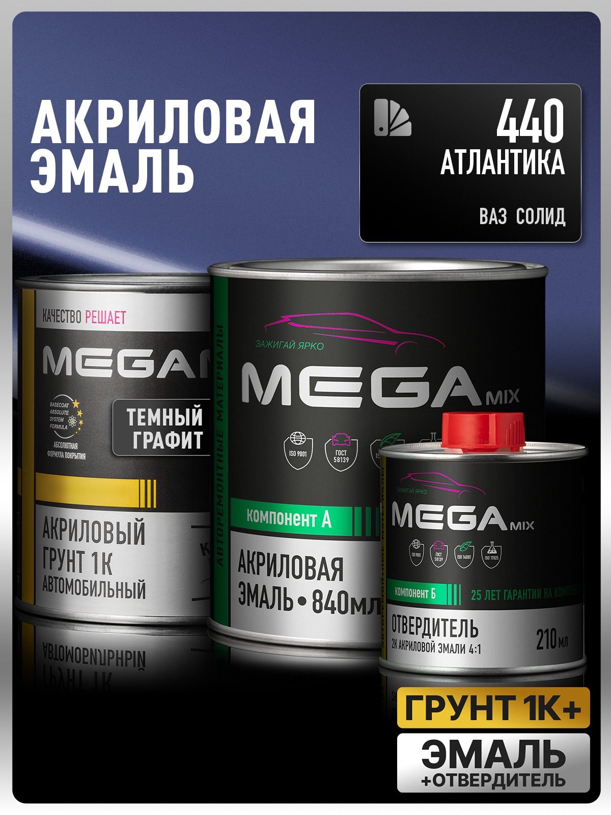 Комплект Акриловая краска автомобильная 2К , Атлантика 440, 840мл + Отвердитель 2K 210 мл + Грунт акриловый 1К , темный графит, 800 г