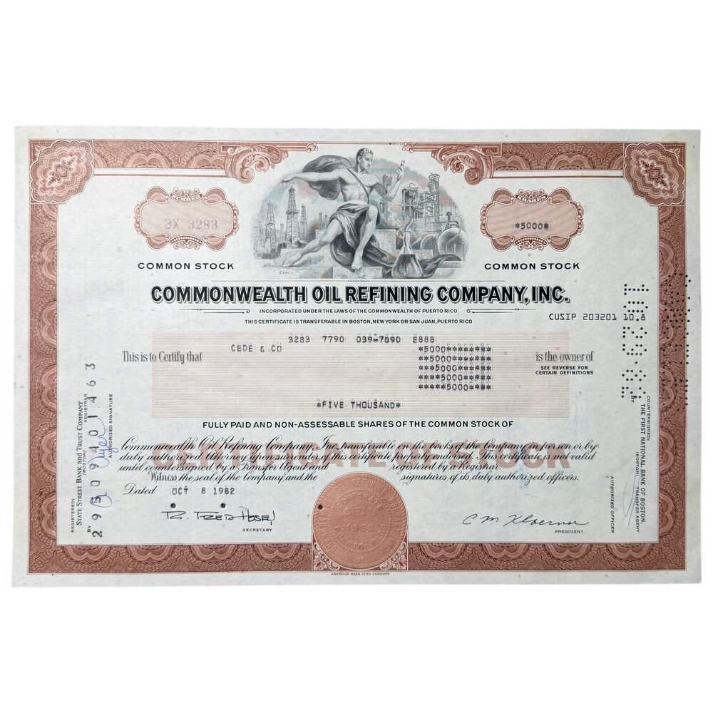 США, Commonwealth Oil Refining Company, сертификат на 5000 акций 1982 г. (Серия BX)