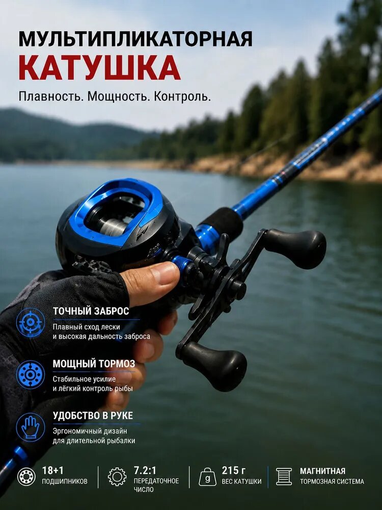 Мультипликаторная катушка для правшей, 18+1 подшипников, передаточное число 7.2:1, вес 230 г, черный/синий — фото 1