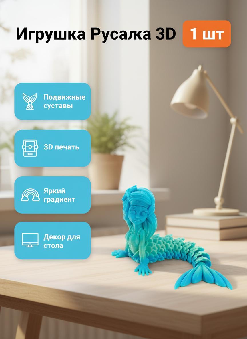 Фигурка русалка 3D печать подвижная антистресс радужная декоративная