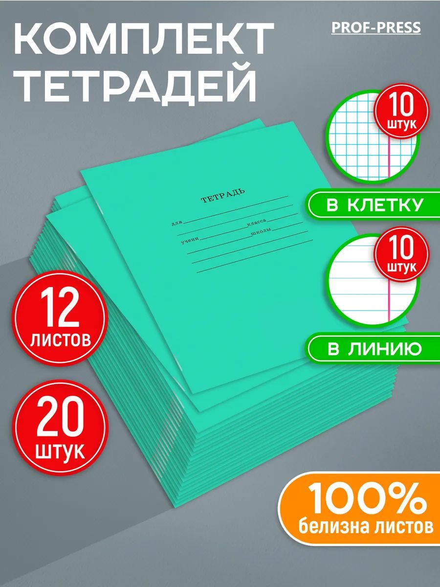Тетрадь в клетку и линейку 12 листов Prof-Press, набор 20 штук
