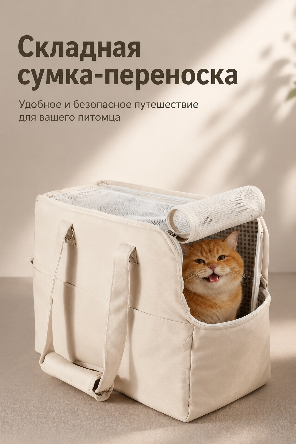 Складная мягкая сумка-переноска для кошек из брезента, белая, 41×19×31 см, до 6 кг